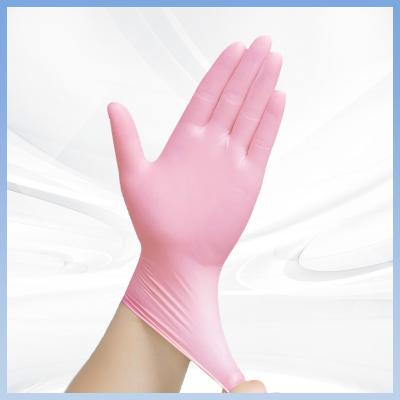 China Pink Disposable Synthetic Nitrile Gloves 9 Inch Extra Strong Tensile Strength Oil Resistance for sale