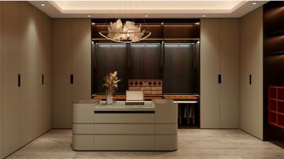 China Custom Wood Grain Walk-In Closet with 18mm Melamine Doors and Integrated Shoe Rack Design for sale