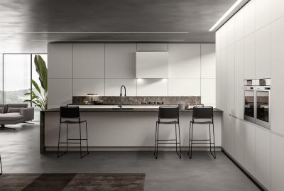 China Custom White L-Shaped PET Kitchen Cabinet with Island Table - 20-40 Day Lead Time, Fully Customizable Dimensions for sale