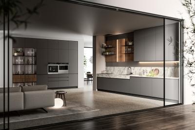 China Customized PET Kitchen Cabinet Modern Gray with Wine Display - 20-40 Day Lead Time, Handle-less Design for sale