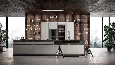 China Custom Modern Kitchen Cabinet with Glass Wine Case & Bar Table - Walnut Finish, 20-40 Day Lead Time for sale