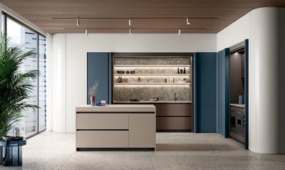 China Custom Blue UV Kitchen Cabinet L-Shaped System with 20-40 Day Lead Time and High-Gloss Finish for sale