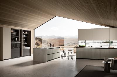 China Modern Textured EB Board Kitchen Cabinet with Dining Table - Custom 20-40 Day Manufacturing & Installation for sale