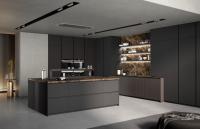 China Modern Wood Veneer Kitchen Cabinets with Dining Bar - Custom Black Finish 20-40 Day Lead Time for sale