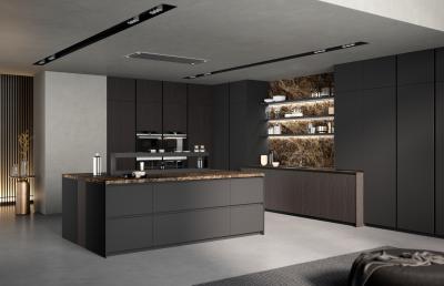 China Modern Wood Veneer Kitchen Cabinets with Dining Bar - Custom Black Finish 20-40 Day Lead Time for sale