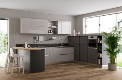 China U-Shaped Lacquer Kitchen Cabinet in White & Grey | Custom Design with 20-40 Day Lead Time for sale