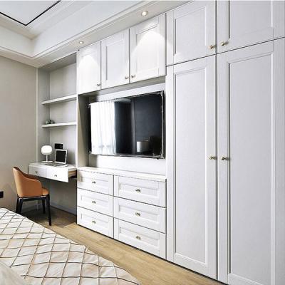 China Classic French Style Wooden Wardrobe with Leather Profile Door Panels and Wall-mount Vanity Table for sale