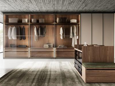 China Custom Wood Veneer Wardrobe with Sliding Glass Doors 2000mm LED Storage System for sale