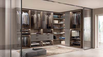 China Custom Walk-in Wardrobe with Glass Door Shoe Rack 2400mm Height PET Wood Grain Closet for sale