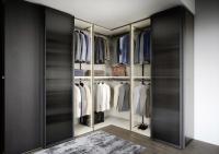 China Custom L-Shaped Black Wood Veneer Wardrobe Closet with Glass Doors LED Lights for sale