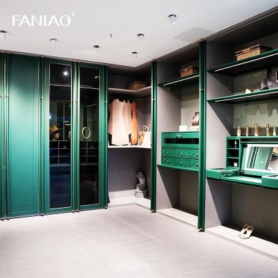 China Green L-Shaped Walk-in Closet with Make-up Vanity & Watch Winder - 20-40 Day Custom Production for sale