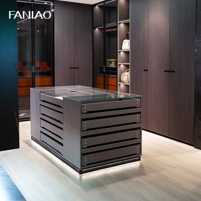 China Custom Walk In Closet Furniture with 18mm Plywood Carcass and 20mm Tempered Glass Doors - Wood Veneer Finish for sale