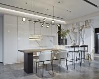 China Modern White Lacquer Kitchen Cabinet with Island Dining Table - Custom Glossy Finish 20-40 Day Delivery for sale