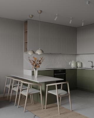 China Minimalist Grey and Green Kitchen Cabinet Set - Contemporary Design with Integrated Storage and Display Features for sale