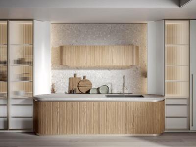 China Custom Modern Kitchen Cabinet with Glass Doors & Natural Oak Wood - 20-40 Day Lead Time for sale