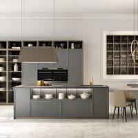 China Custom Modular Melamine Kitchen Cabinet with Island Matt Quartz Gray 1200mm for sale