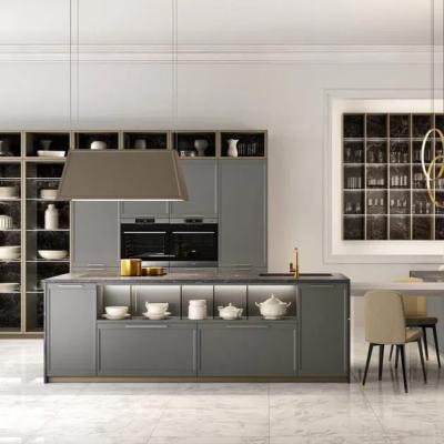 China Custom Modular Melamine Kitchen Cabinet with Island Matt Quartz Gray 1200mm for sale