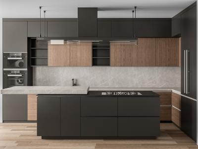 China Custom Modular Kitchen Cabinets Modern Wooden Kitchen Furniture Black with Marble Countertop for sale
