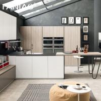 China Minimalist Wood Grain Stainless Steel Kitchen Cabinet 18mm Plywood Custom Sizes for sale