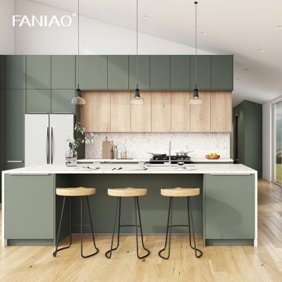 China Green Melamine Laminated Finish Handleless Kitchen Cabinet For Builder for sale