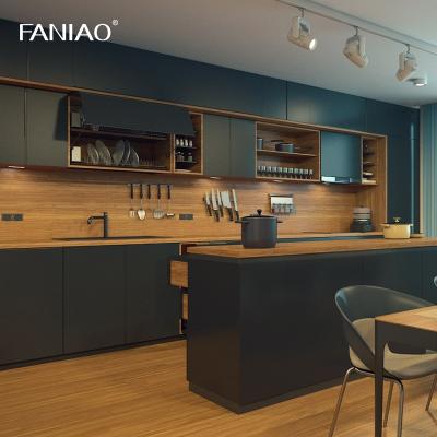 China Minimalist Melamine Finish Green Wood Open Kitchen Cabinet 18mm Plywood for sale