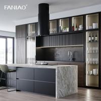 China Modern Wood Grain Kitchen Cabinets with Glass Doors 18mm Plywood for Villa Luxury Design for sale