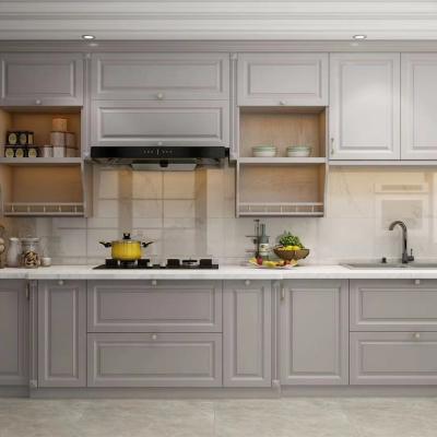 China Custom L-Shaped PVC Kitchen Cabinet 18mm Grey with White Quartz Countertop for Modern Kitchens for sale