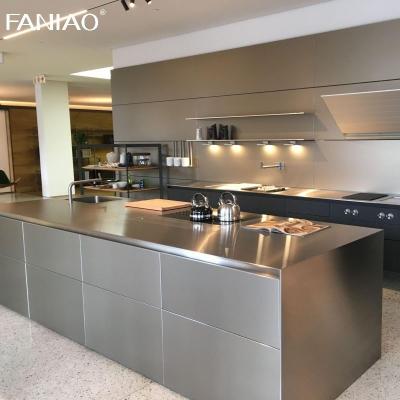 China Custom 304 Stainless Steel Kitchen Cabinet Set with Island - 18mm Plywood Construction, Full Customization Options for sale