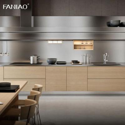 China Stainless Steel Kitchen Cabinets Wood Grain High Gloss 18mm Plywood Customizable for Villa for sale