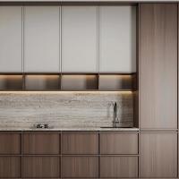 China Custom Modern Wood Grain Kitchen Cabinets for Villa 18mm Plywood Solid Wood Door for sale