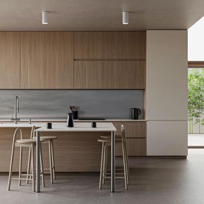 China 18mm Melamine Finish Wood Grain Handleless Kitchen Cabinet with Solid Wood Accents for Villa Applications for sale