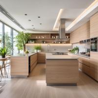 China 18mm Particle Board Kitchen Cabinets with 15mm Quartz Countertops - Natural Wood Grain Melamine Custom Design for sale