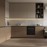 China Wood Veneer Kitchen Cabinets with Marble Island Matte Finish Handles for Apartment 18mm Plywood for sale