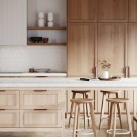 China Modern Light Luxury Wood Veneer Kitchen Cabinet with Island 18mm Plywood for sale