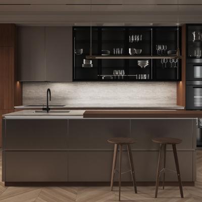 China Contemporary Wood Grain Kitchen Cabinet Set with Stainless Steel Countertop 18mm Plywood for Apartment for sale