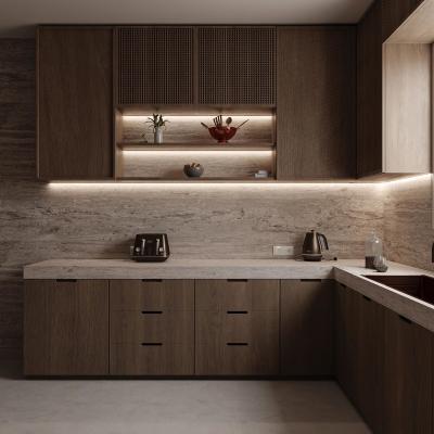 China Minimalist Wood Veneer Kitchen Cabinet Modular Kitchen 18mm Plywood for sale
