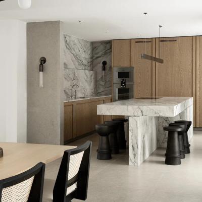 China White Oak Wood Veneer Kitchen Cabinet Set with Marble Countertop 18mm Plywood for sale