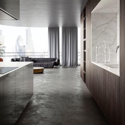 China Custom Aluminum Frame Kitchen Cabinet with Wood Veneer & 304 Stainless Steel - 18mm Plywood Construction, Custom Island Design for sale