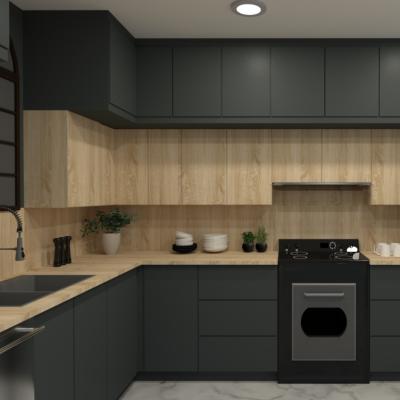China Modern Luxury Black Solid Wood Veneer Kitchen Cabinet for Villa Project 18mm Plywood for sale