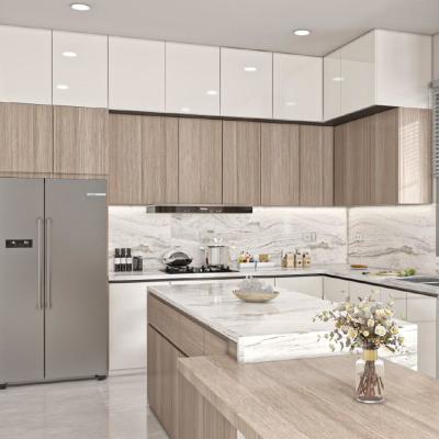 China Custom Wood Grain Kitchen Cabinets E0 Melamine 18mm for Apartment Project Contractors for sale