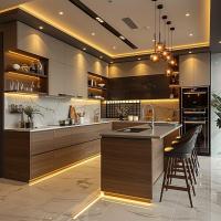 China Custom Stainless Steel Island Kitchen Cabinets Solid Wood Carcass with LED Lighting 18mm Plywood for sale