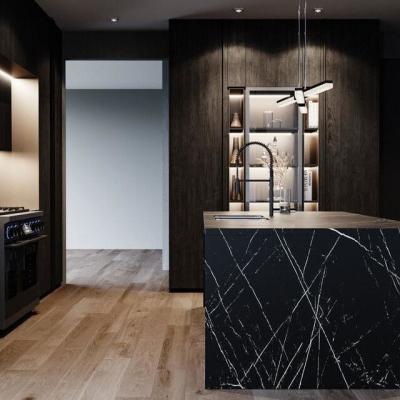 China Custom Melamine Complete Kitchen Cabinet Set with Island Modern Design 18mm Plywood for sale