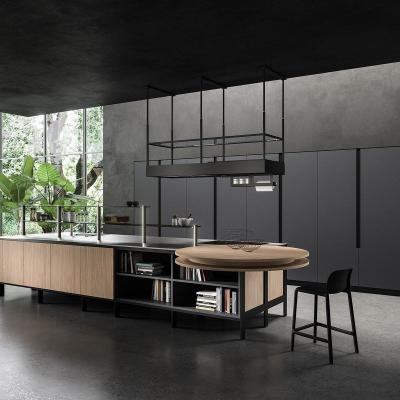 China Modern Wood Veneer Kitchen Cabinet with Island Smart Modular Design 18mm Particle Board Custom Sizes for sale