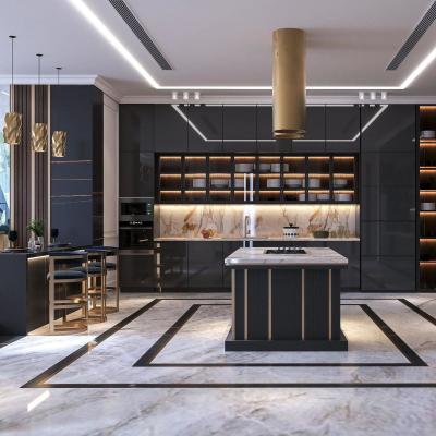 China Luxury Plywood Kitchen Island Set with Quartz Countertop 18mm Carcass Modern Storage Cabinets for sale