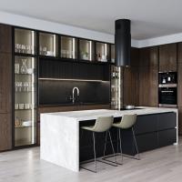 China I Shape Lacquer Custom Made Wood Kitchen Cabinet With Island Waterfall Double Sink Design for sale