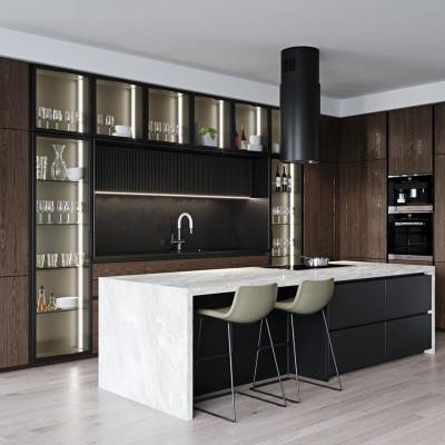 China I Shape Lacquer Custom Made Wood Kitchen Cabinet With Island Waterfall Double Sink Design for sale