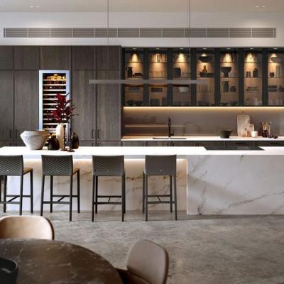 China Modern Solid Wood Veneer Kitchen Cabinet Set 18mm Plywood Carcass Soft Close Hardware for sale