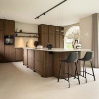 China Custom PVC Kitchen Cabinets 18mm MDF Modern Kitchen Island Designs for Villa Apartment for sale
