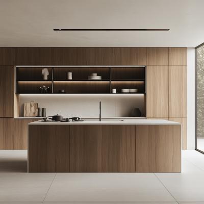 China Custom Wood Grain Melamine Modern New Design Kitchen Cabinets For Apartment for sale