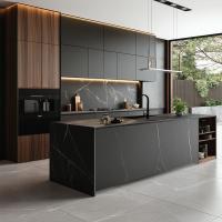 China Modern Kitchen Cabinet with Island Sintered Stone Countertop Wood Grain 18mm Plywood for Villa for sale